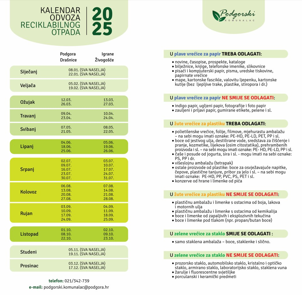 Podgorski komunalac | Kalendar odvoza reciklabilnog otpada za 2025. godinu